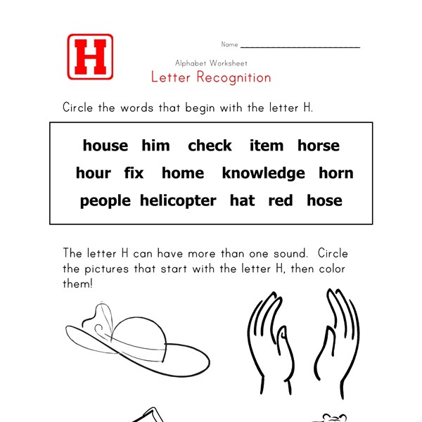 Letter H Words - Alphabet Recognition Page | All Kids Network